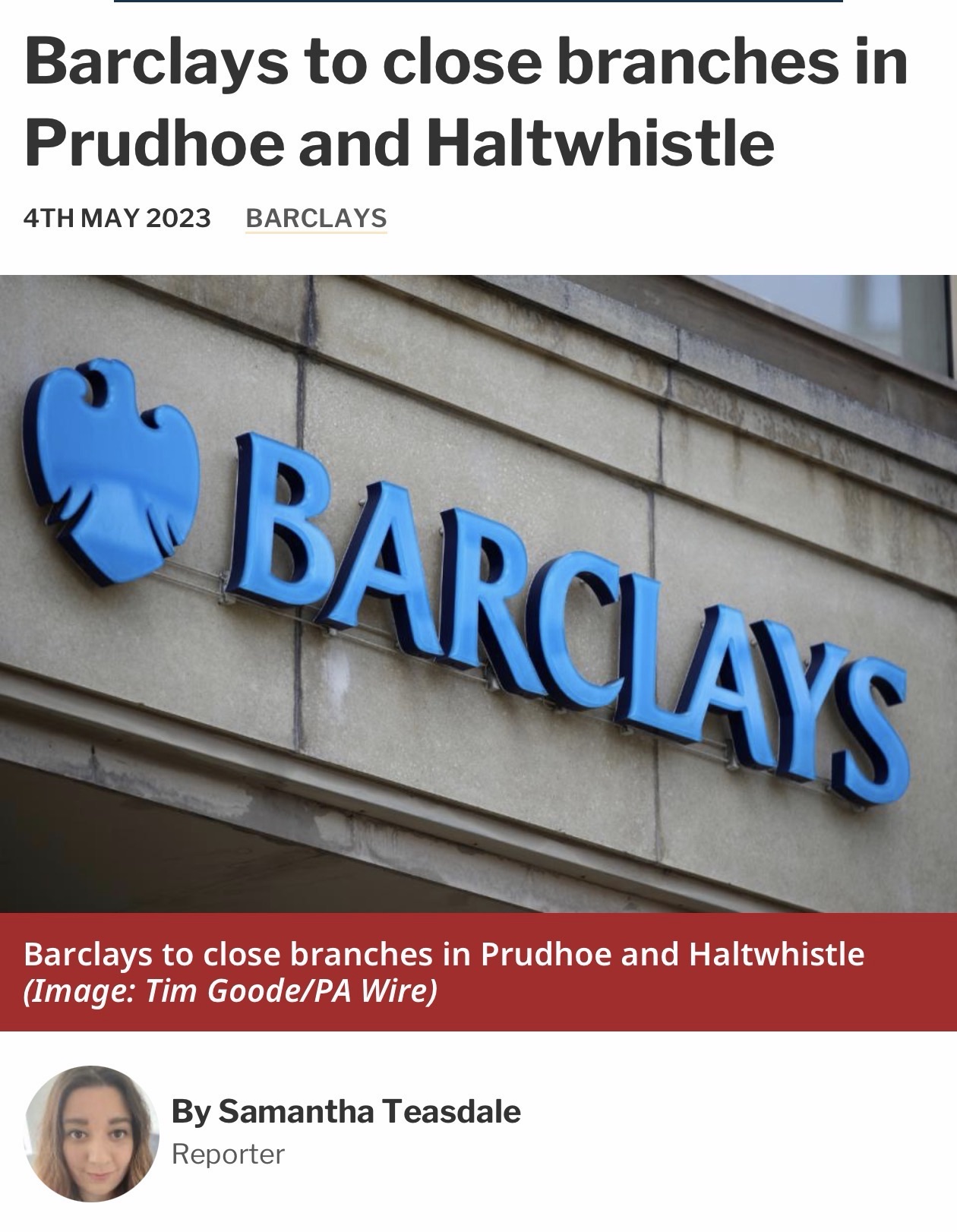 Barclays to close – Via Courant May 2023 – Prudhoe Matters